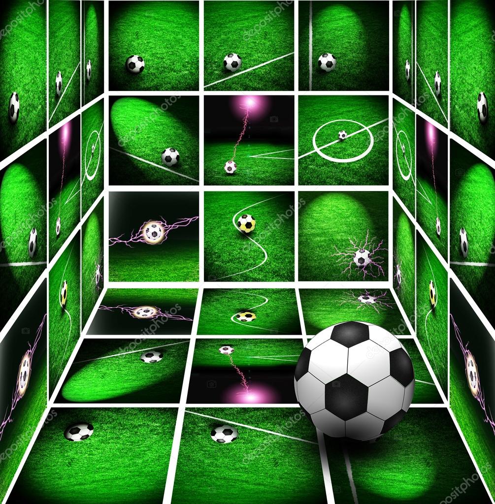 The room with big Collage of footbal posters with stadium arena — Stock ...