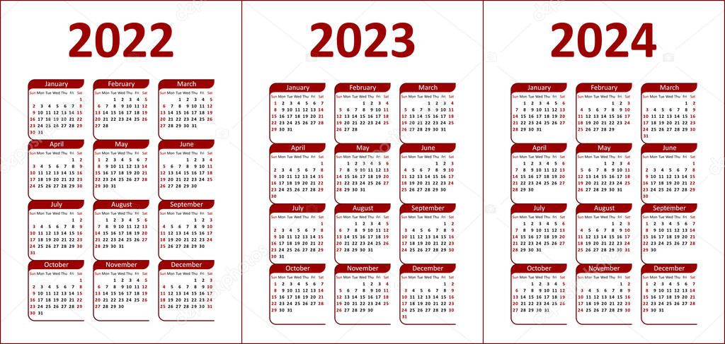 Calendario 2022, 2023 y 2024. Letras y figuras rojas y negras sobre ...