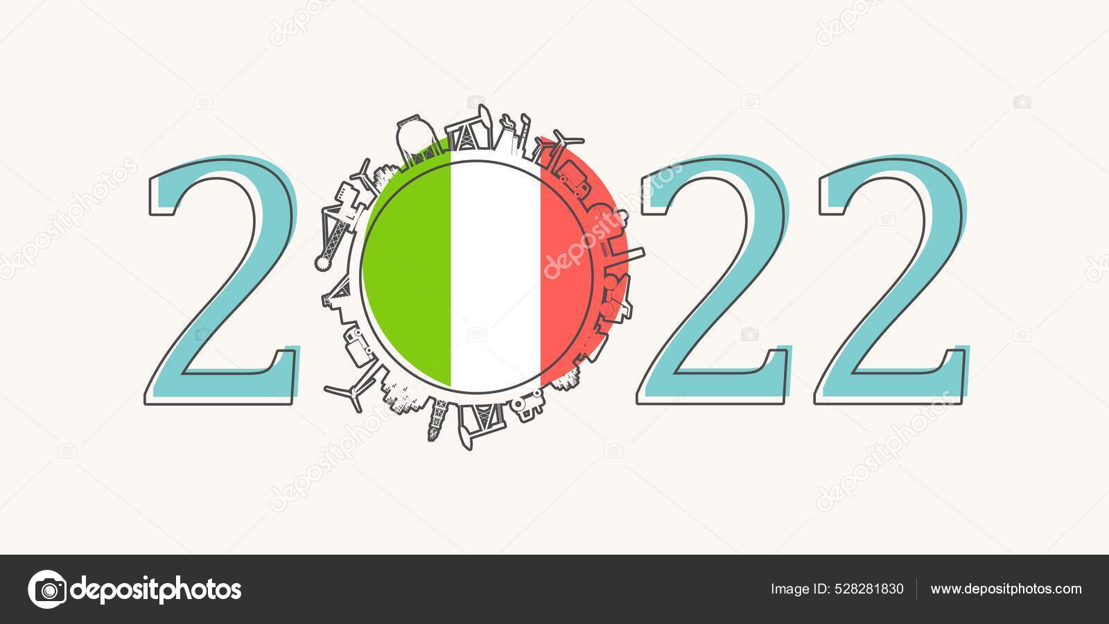 2022 year number with industrial icons around zero digit. Flag of Italy ...