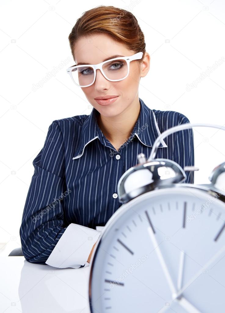 Young attractive woman with big clock on white. — Stock Photo ...