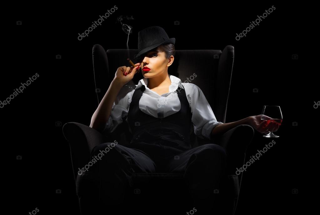 Mafiosi woman with cigar and brandy glass — Stock Photo © rbvrbv #37909665