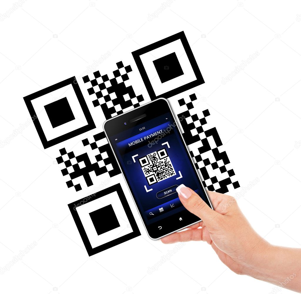 Hand holding mobile phone with qr code screen isolated over whit ...