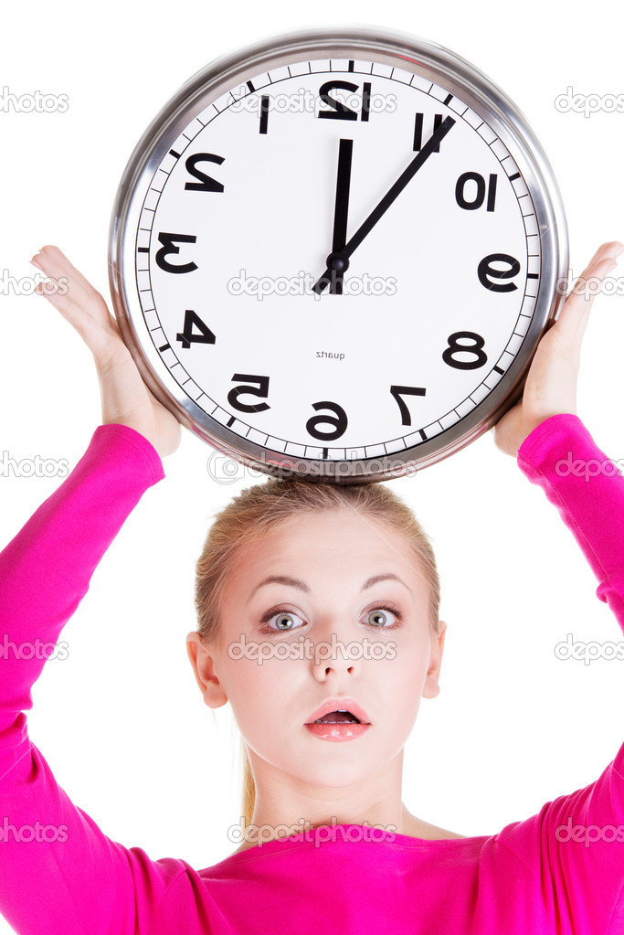 Shocked woman with clock — Stock Photo © piotr_marcinski #33419303