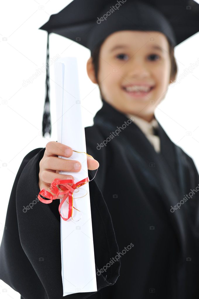 Diploma graduating little student kid, successful elementary school ...