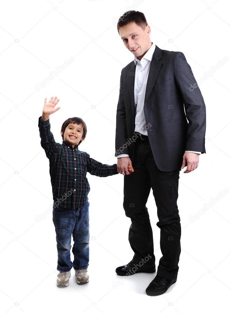 Son and father, child and adult standing, full body — Stock Photo ...