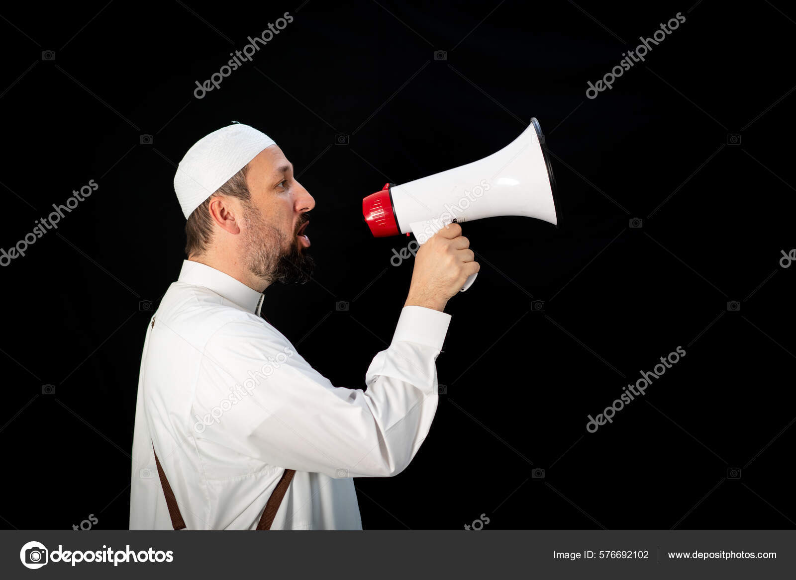 Handsome Man Beard Shouting Megaphone Hajj Mekkah — Stock Photo ...
