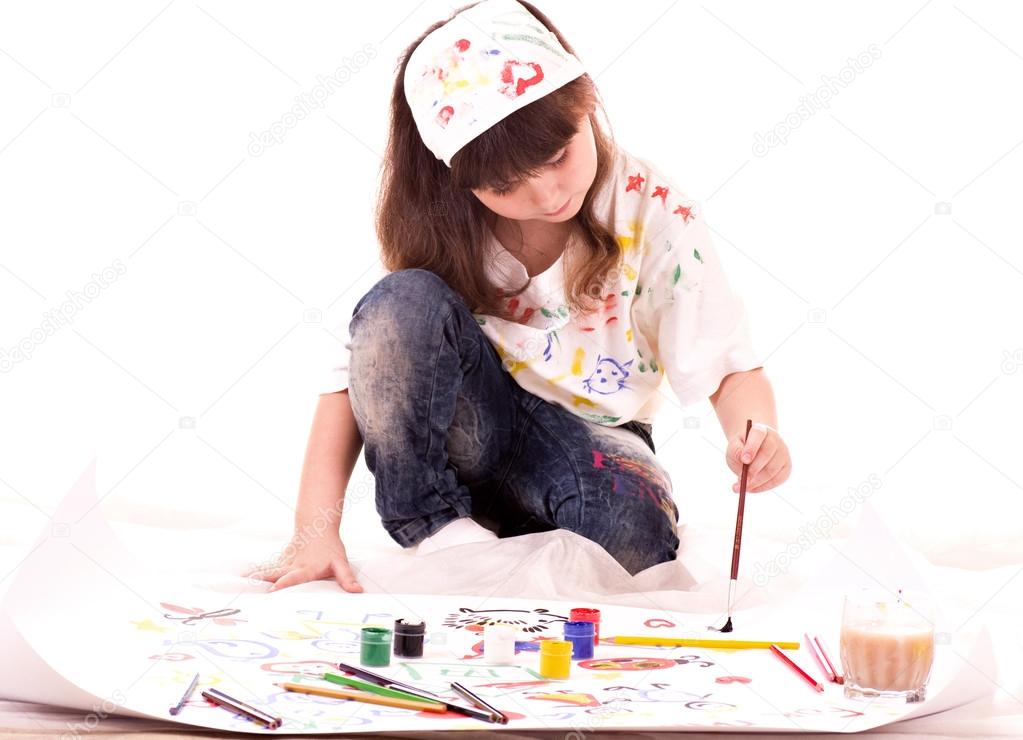 Little girl with color paint on white background Stock Photo by ...