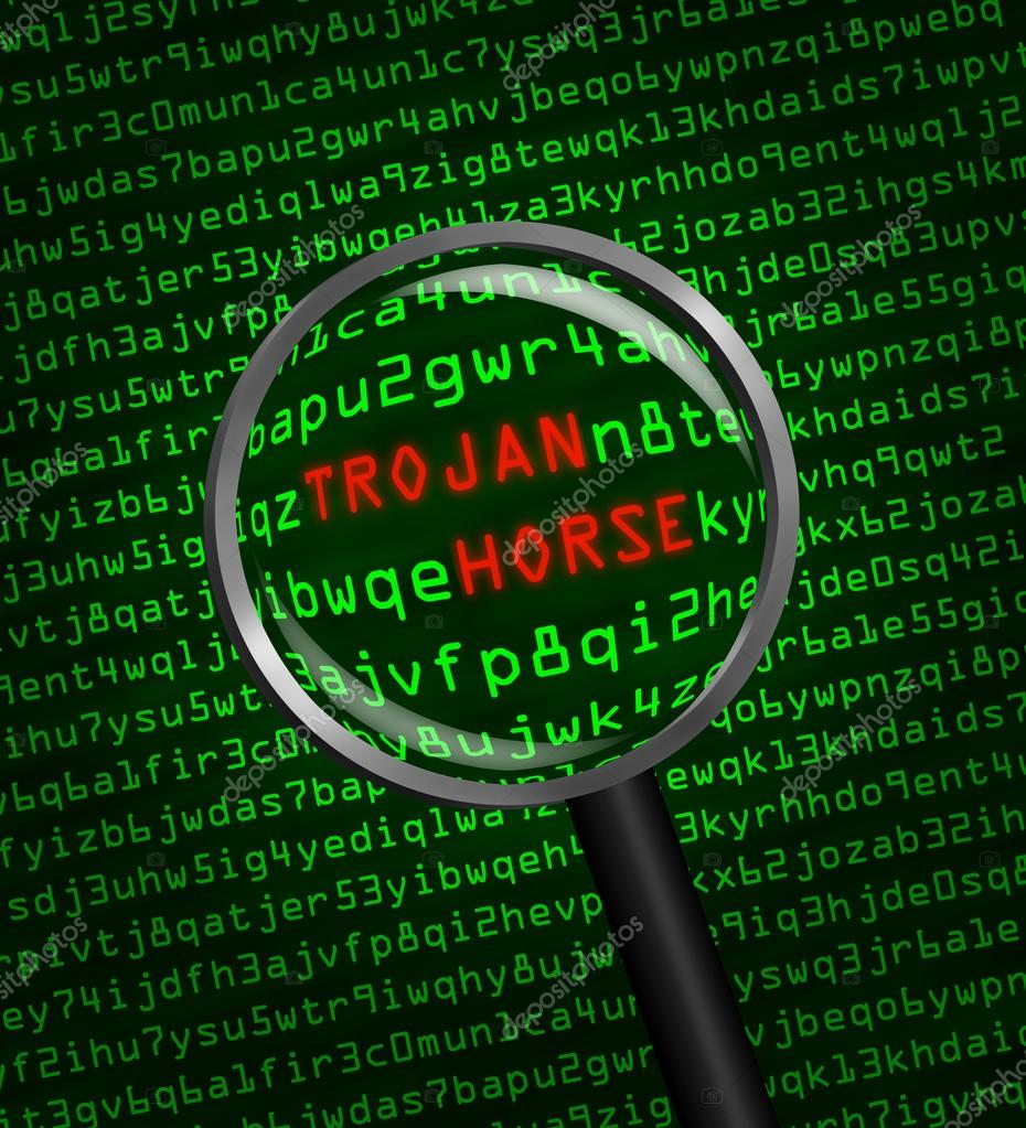 Magnifying glass finds trojan horse in computer code — Stock Photo ...