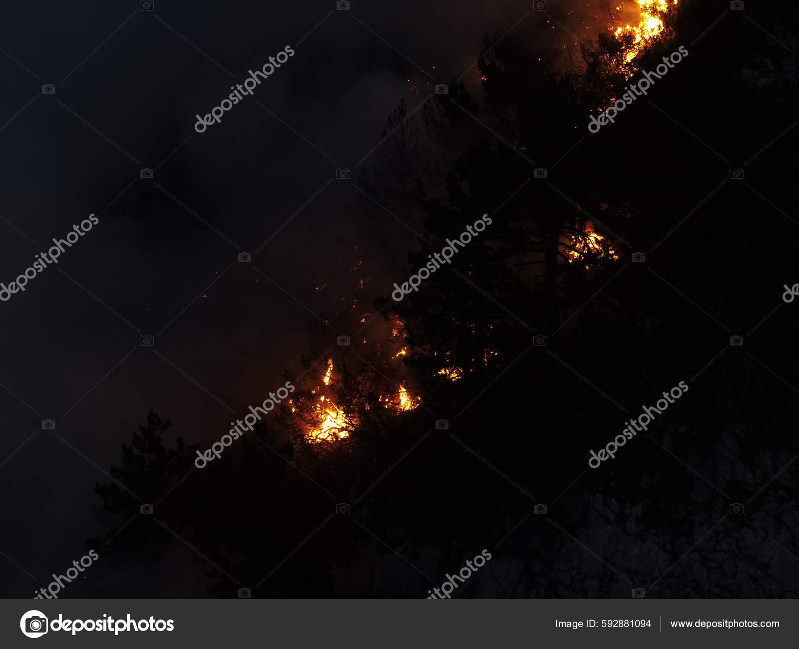 Aerial Panoramic View Forest Fire Night Heavy Smoke Causes Air — Stock ...