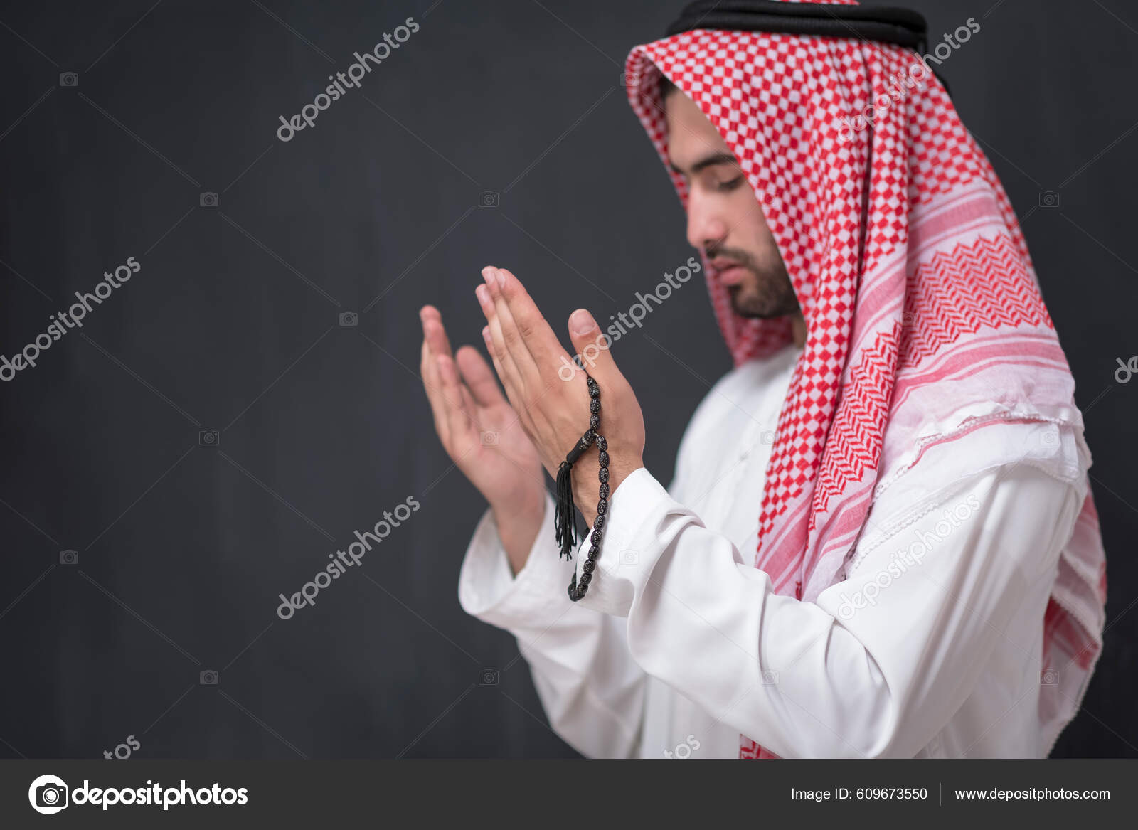 Young Arabian Man Traditional Clothes Making Traditional Prayer God ...