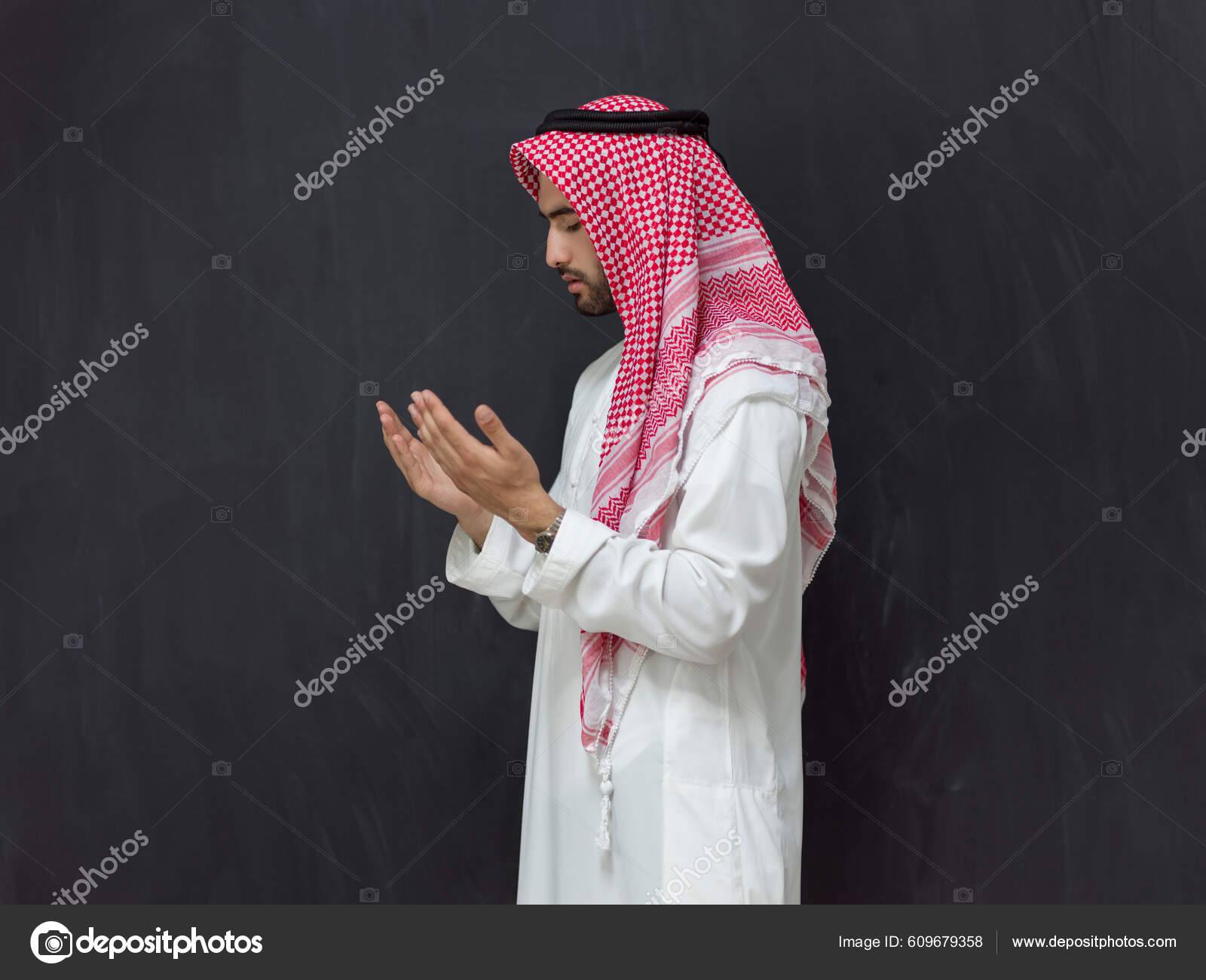 Young Arabian Man Traditional Clothes Making Traditional Prayer God ...