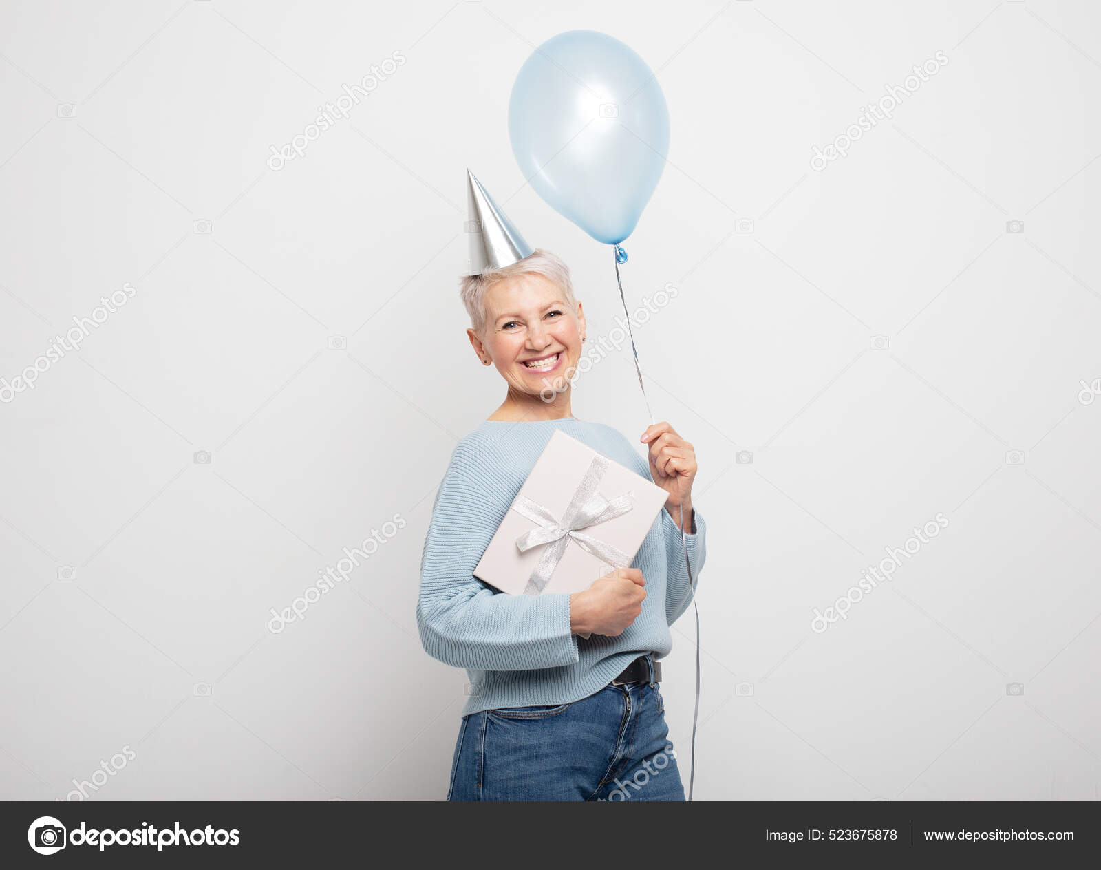 People Aging Maturity Concept Amazed Old Woman Holding Blue Balloon ...