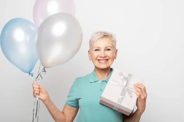 People Aging Maturity Concept Amazed Old Woman Holding Blue Balloon ...