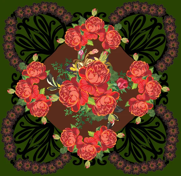 Creative vintage scarf with gypsy motifs. Red cherry, roses seamless ...