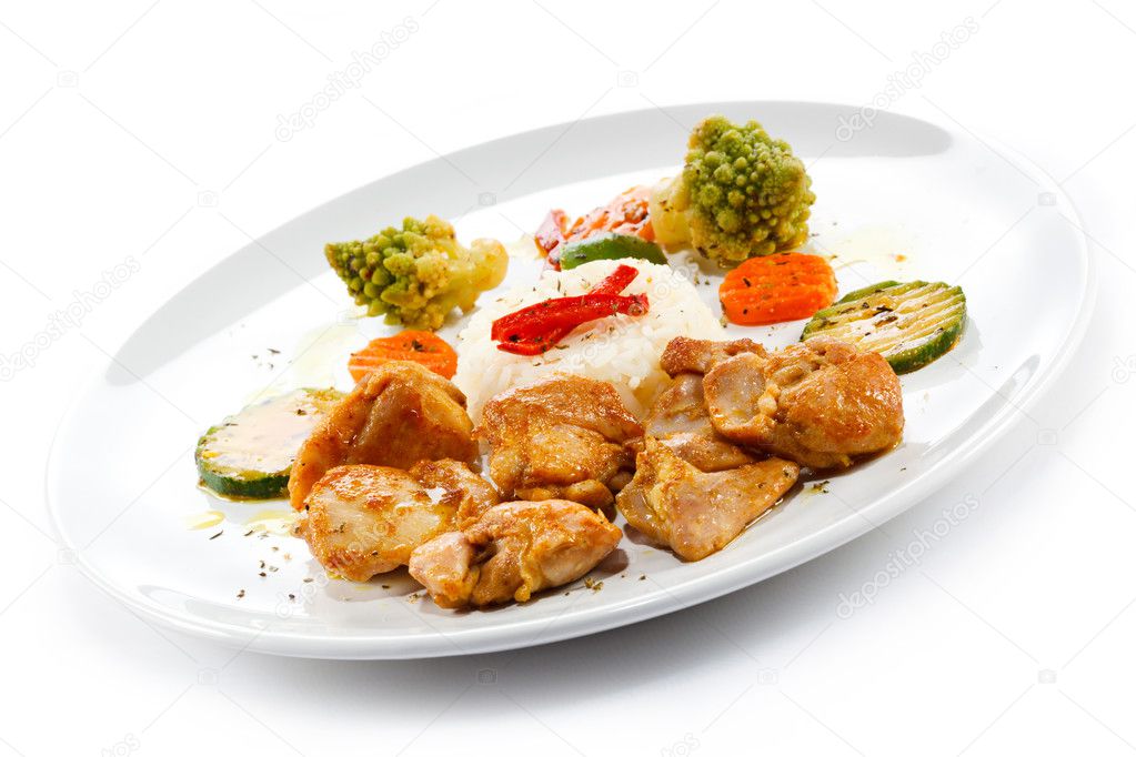 Fried chicken nuggets, white rice and vegetables Stock Photo by ©gbh007 ...