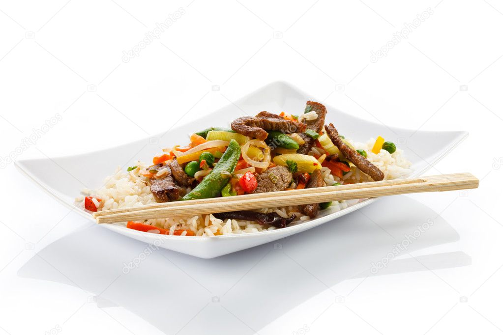 Roasted meat, white rice and vegetables Stock Photo by ©gbh007 33553925