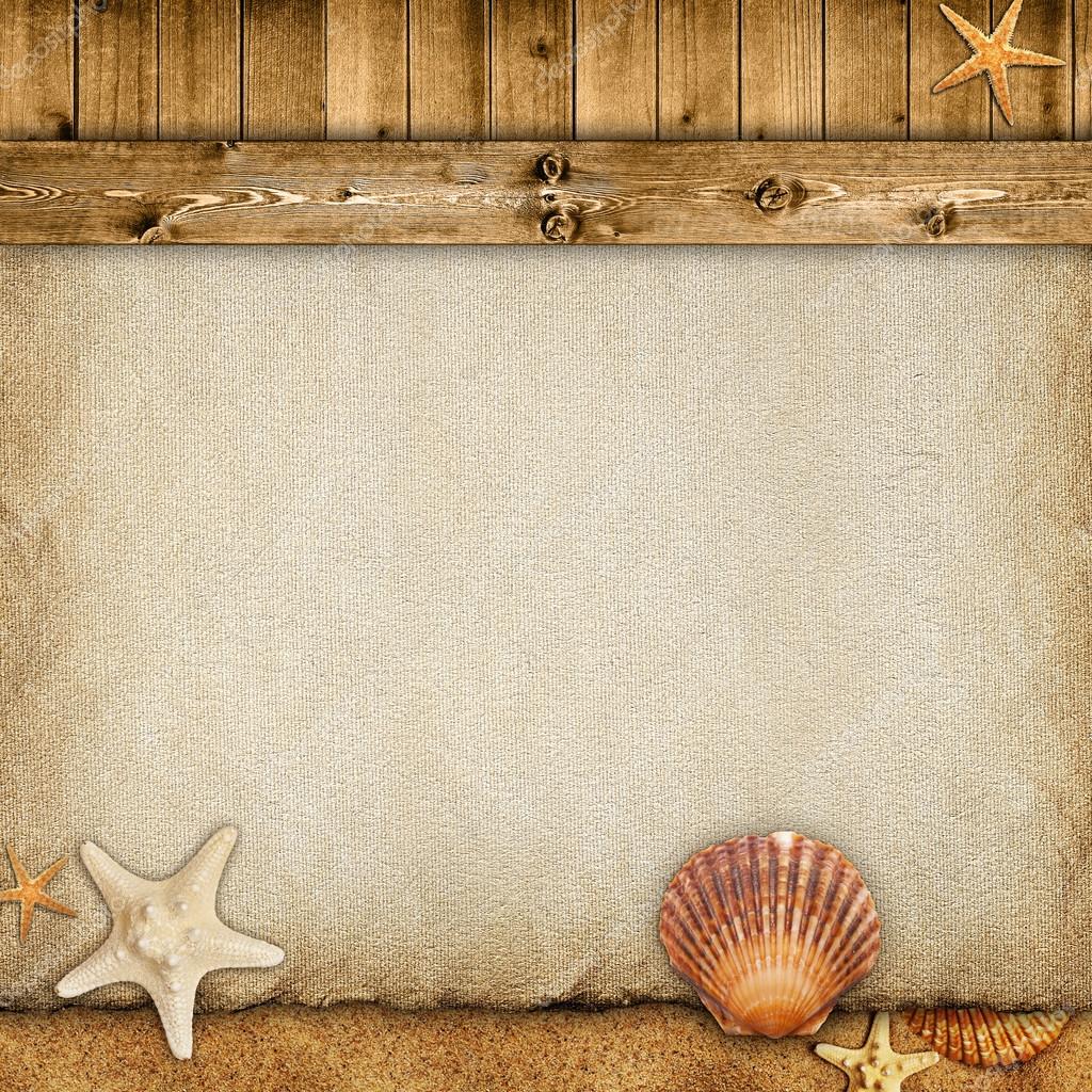 Summer background - paper sheet, planks, sand and shells Stock Photo by ...
