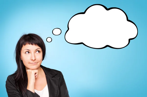 Beautiful business woman smiling and thinking of a brilliant idea with ...