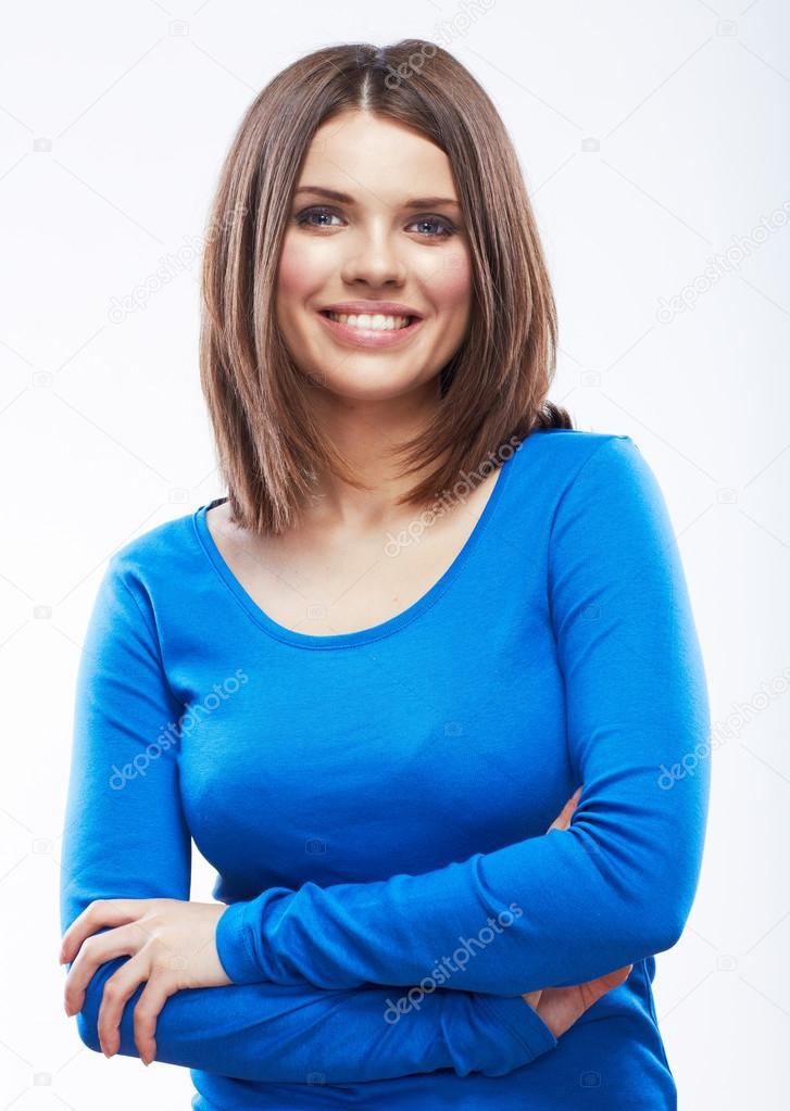 Smiling woman on white background portrait ⬇ Stock Photo, Image by ...