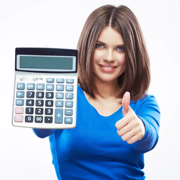 Young woman hold digital calculator. Female smiling model white Stock ...