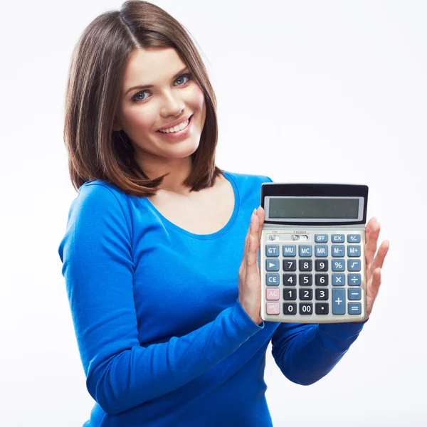 Young woman hold digital calculator. Female smiling model white Stock ...