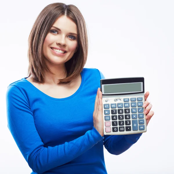 Young woman hold digital calculator. Female smiling model white Stock ...