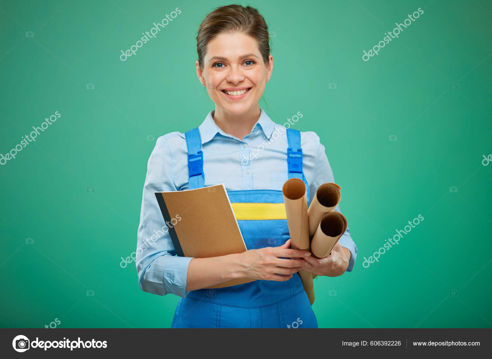 Student Woman Builder Architect Overalls Holding Paper Blueprint ... Student Woman Builder Architect Overalls Holding Paper Blueprint ...