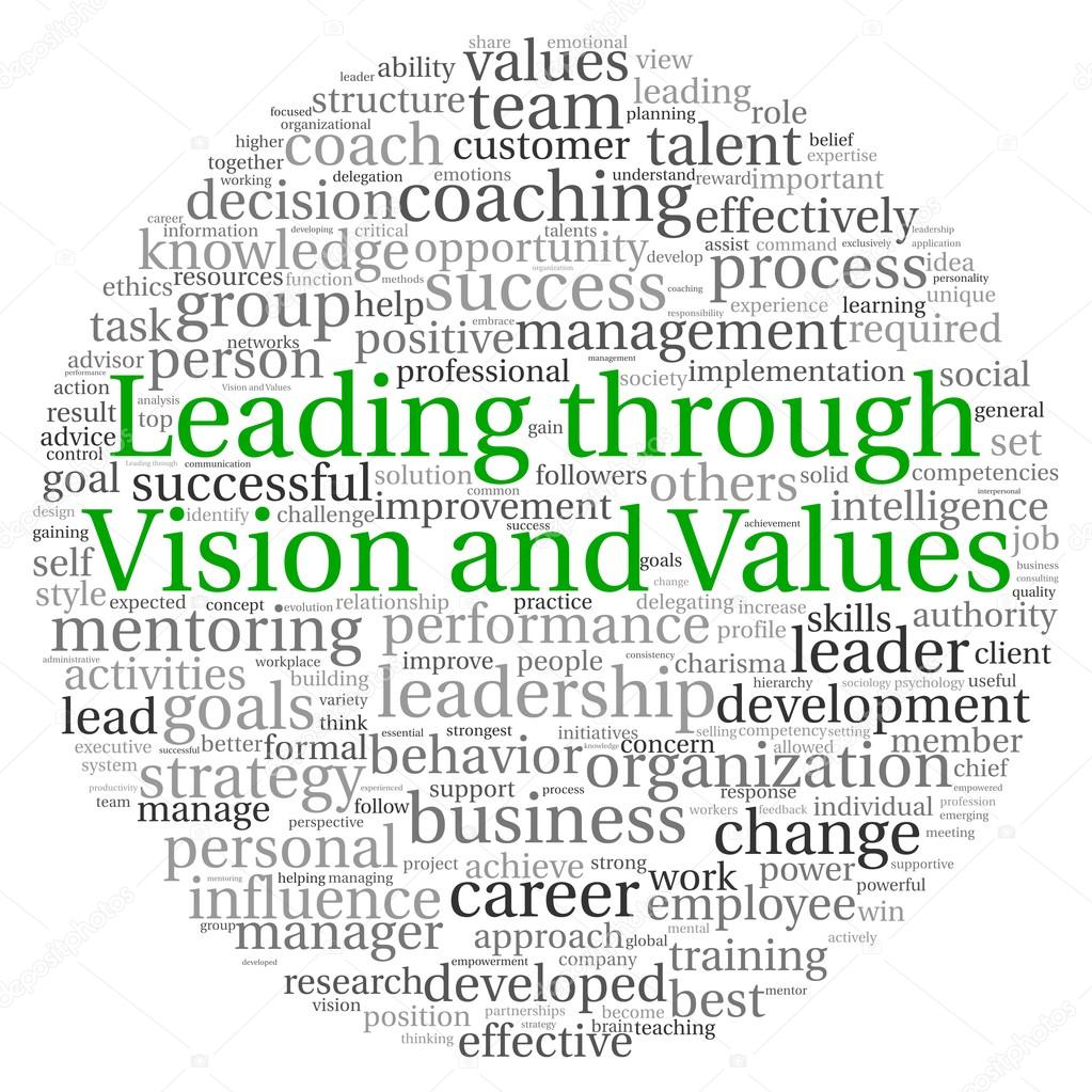Leading through vision and values concept in word tag cloud on white ...