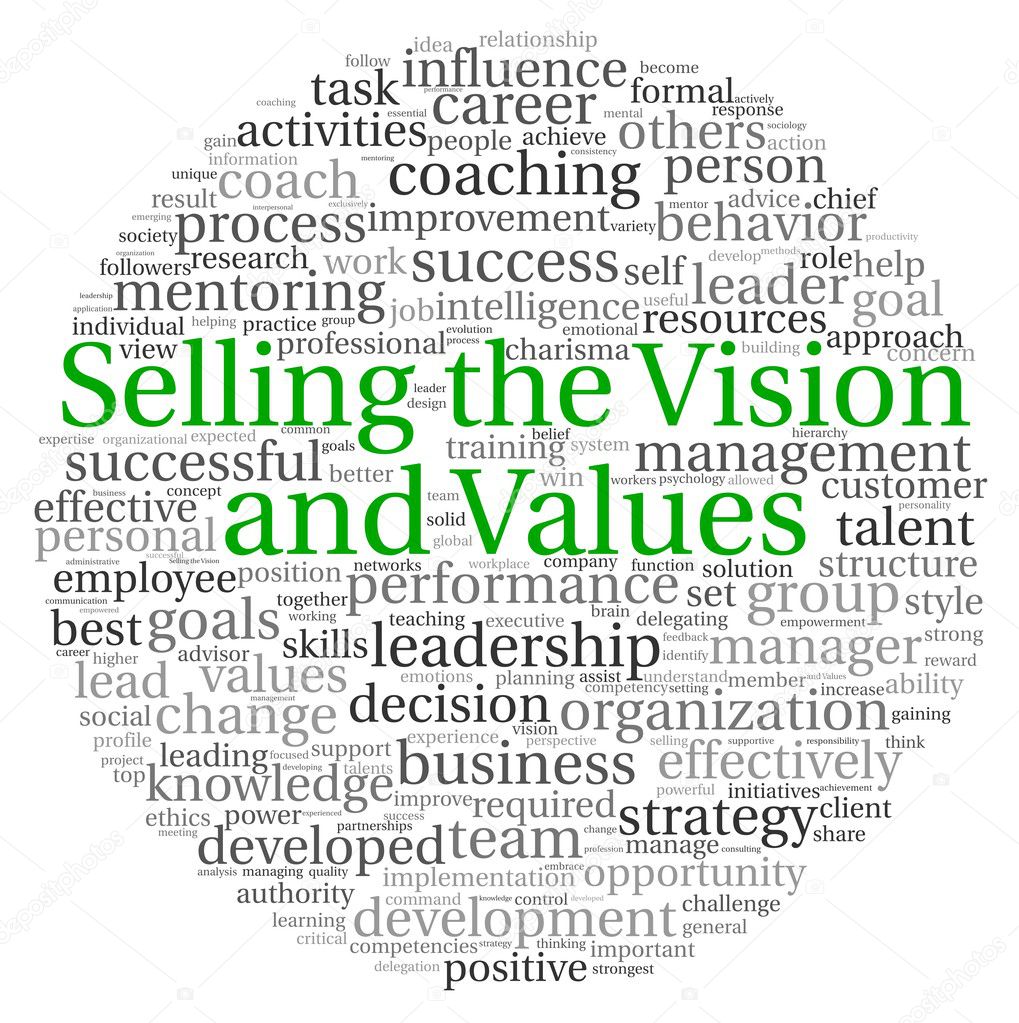 Selling the Vision and Values concept in word tag cloud on white ...