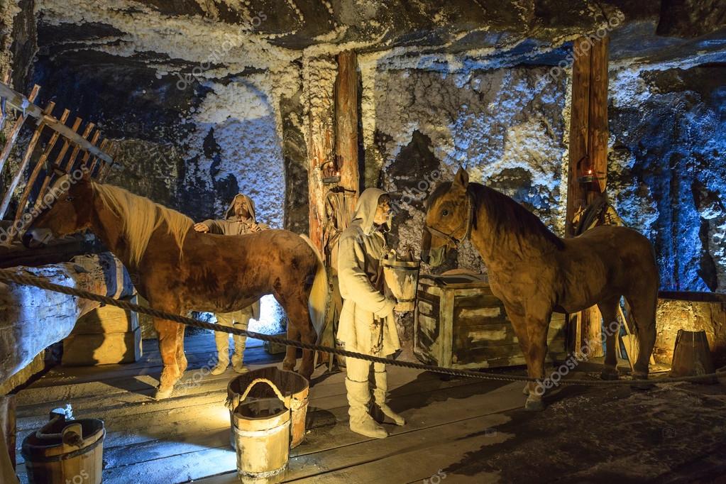 Medieval miners and horses at work in the Wieliczka Salt Mine, Poland ...