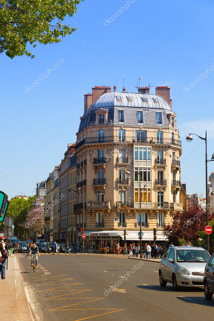 Paris Street with shops and cafe tables. – Stock Editorial Photo ...