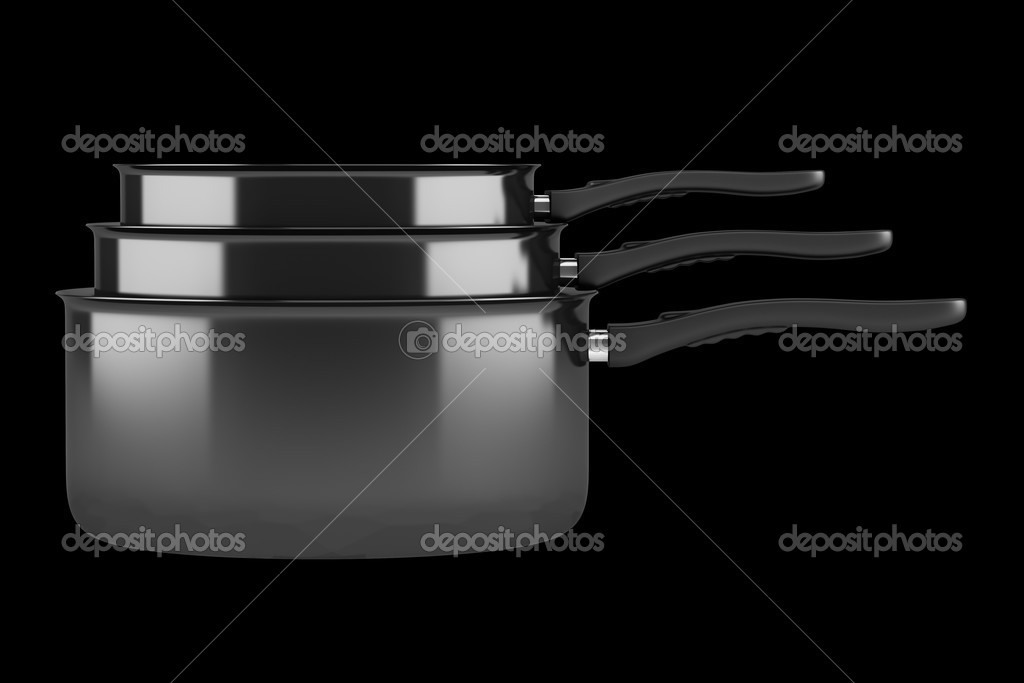 Three black cooking pots isolated on black background — Stock Photo ...