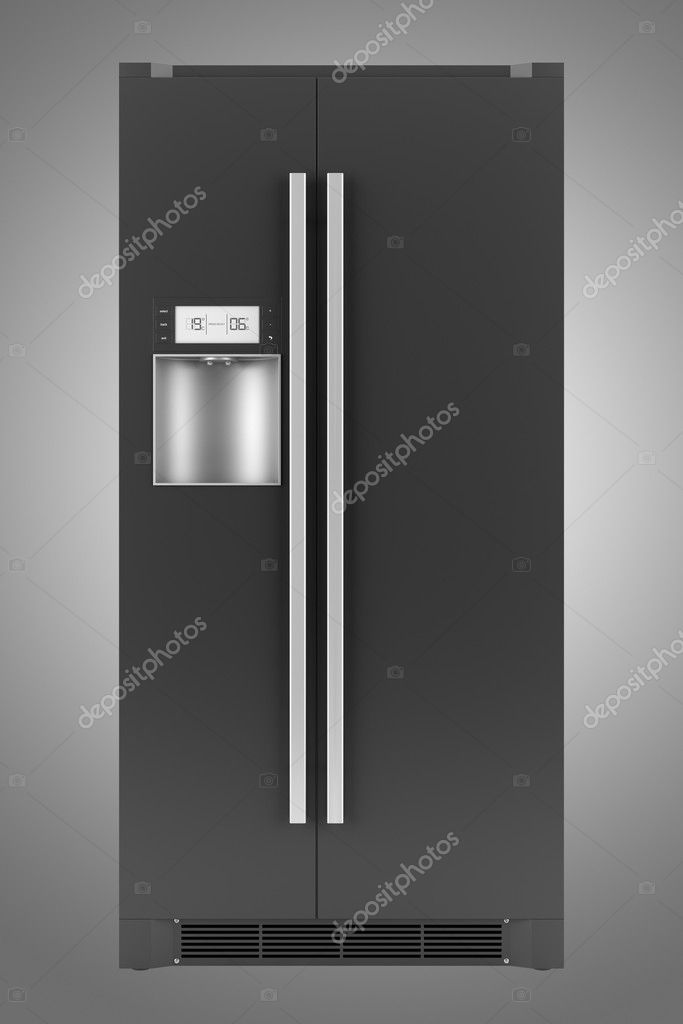 Single modern black refrigerator isolated on gray background Stock ...