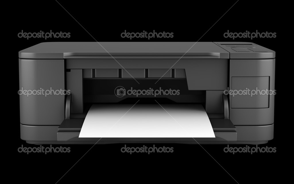 Modern black office multifunction printer isolated on black back — Stock Photo © tiler84 #28131771