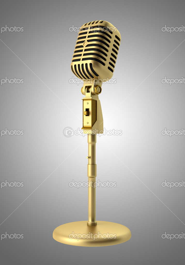 Golden vintage microphone isolated on gray background Stock Photo by ...