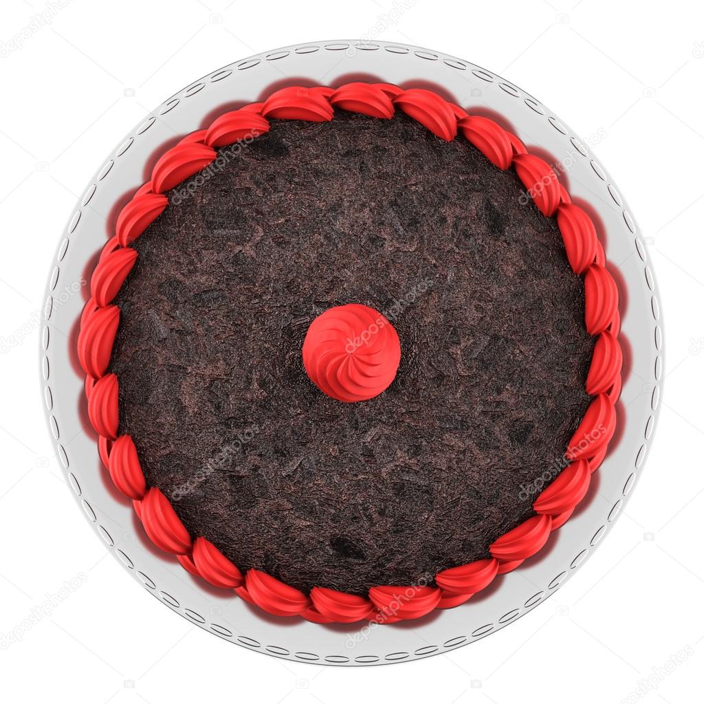 vue de dessus du gâteau au chocolat rond avec Rose whi isolé sur crème ...