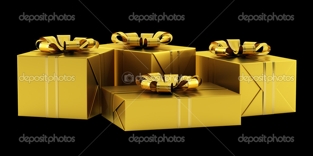 Yellow gift boxes with golden ribbons isolated on black backgrou Stock ...