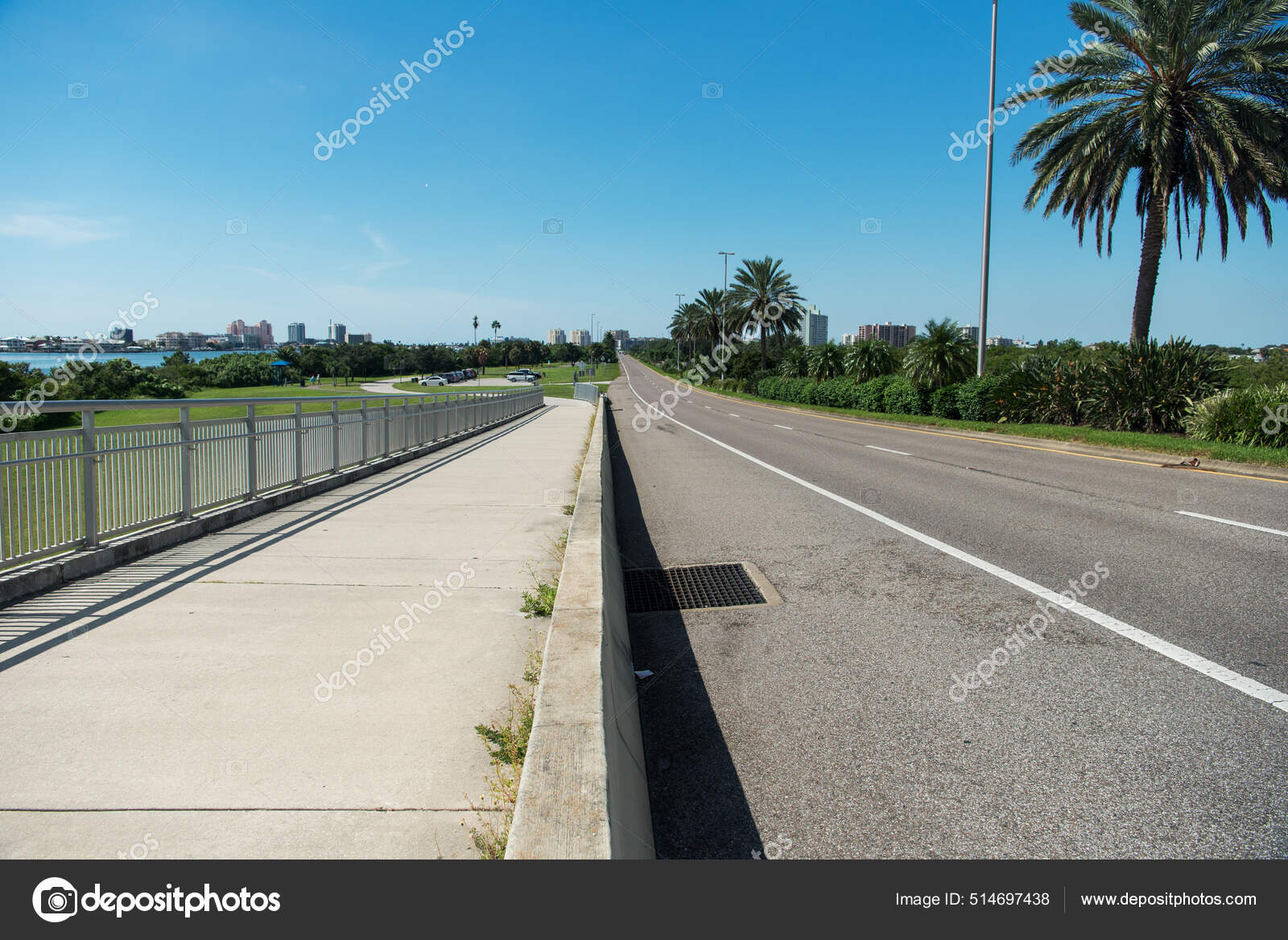 Bridge Empty Road Clearwater River View Beach Buildings Pier Blue Stock ...