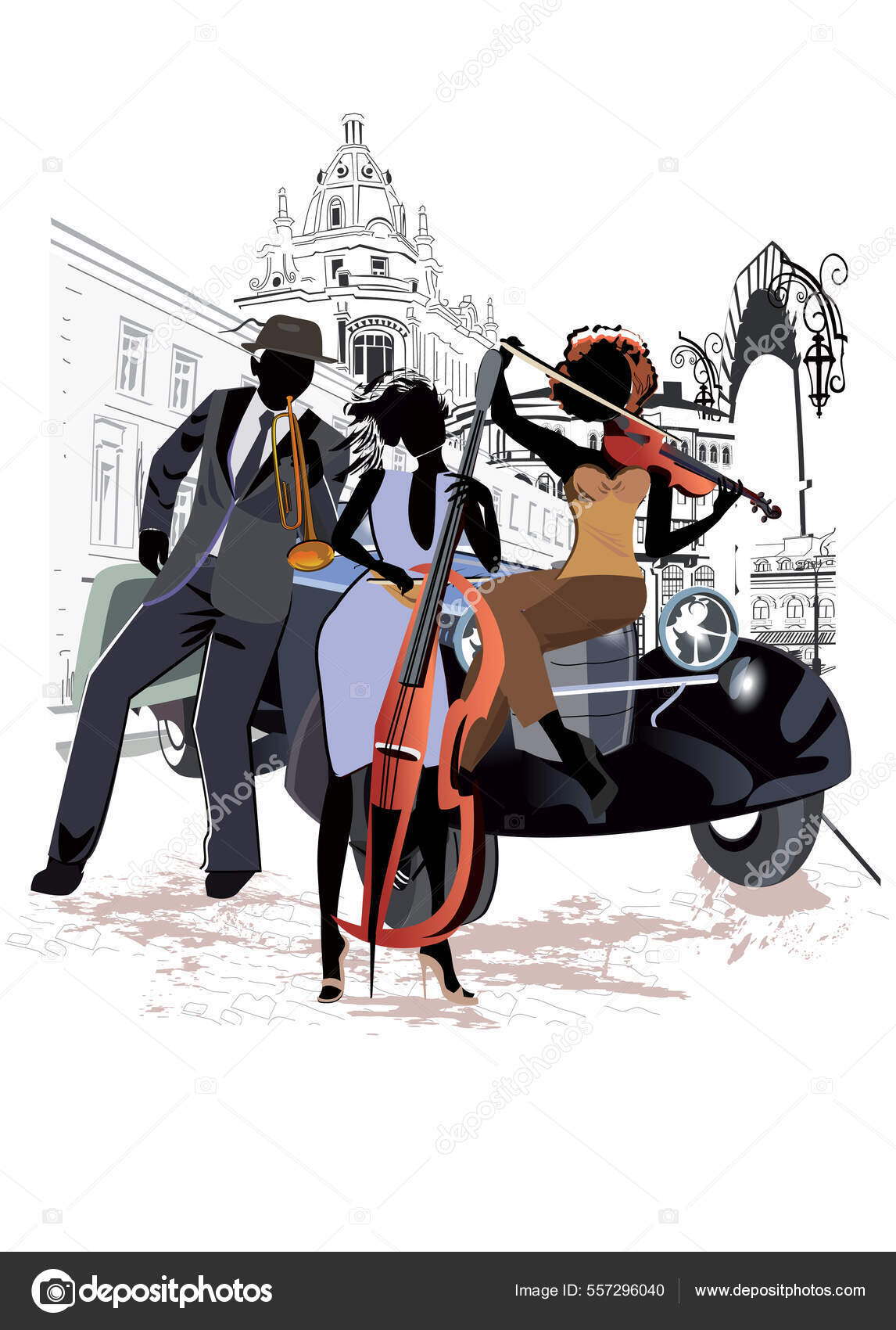 Series Street Musicians City Jazz Band Retro Car Hand Drawn Stock ...