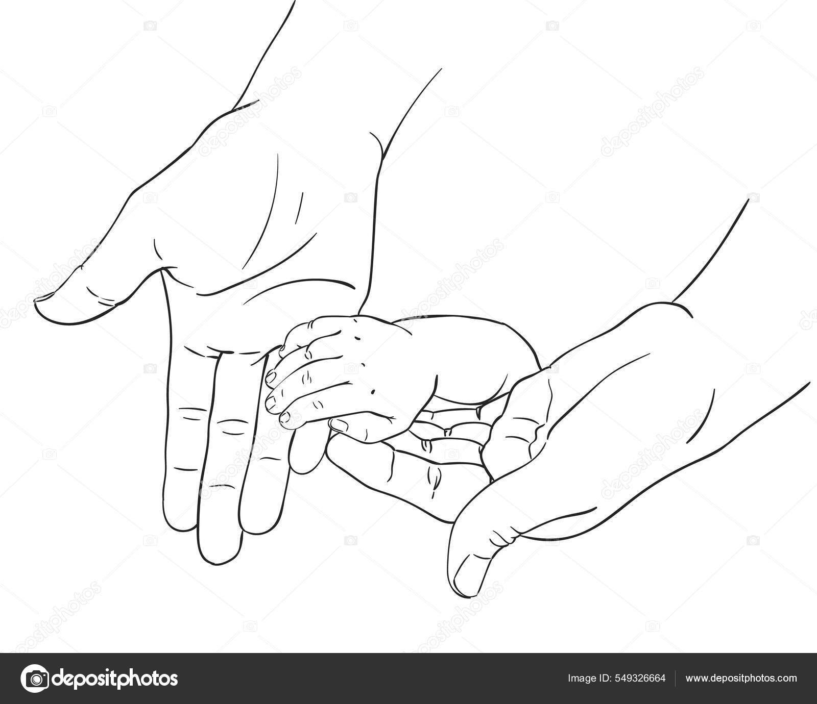 Line Art Sketch Mother Hands Holding Baby Tiny Hand Happy Stock Vector ...