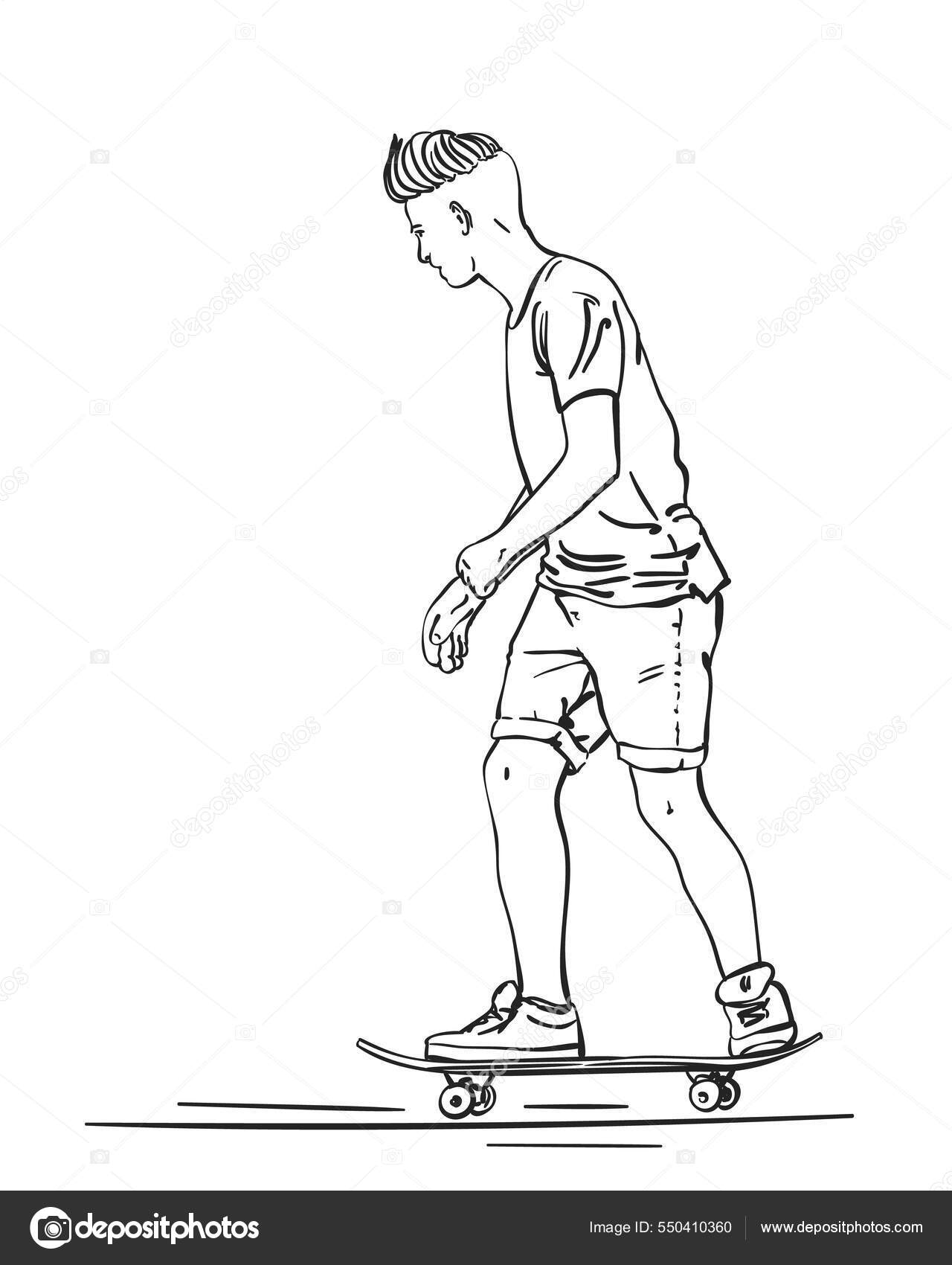 Bosquejo Monopatín Con Corte Pelo Hipster Montar Monopatín Dibujado ...