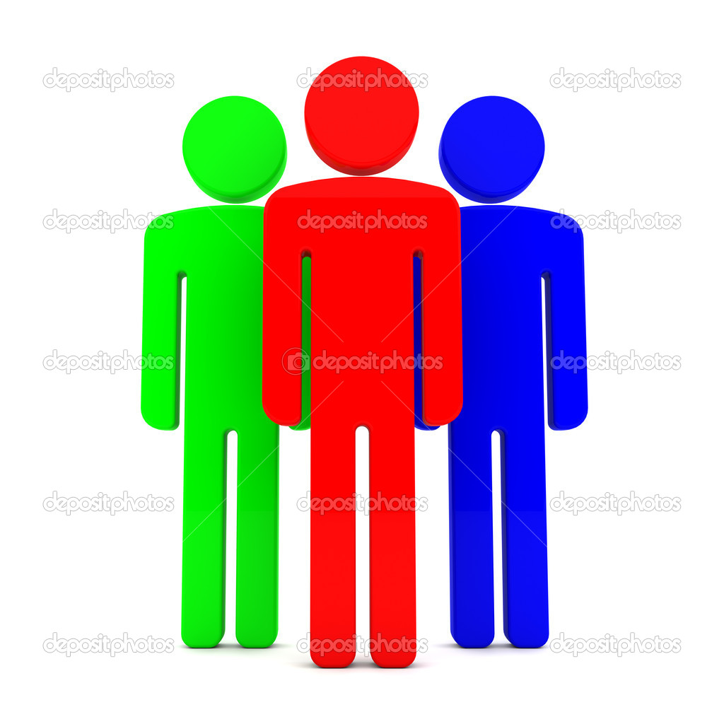 Teem de tres figuras humanas colores pie juntos sobre el fondo blanco ...
