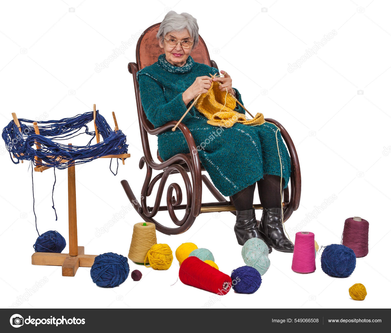 Image Old Woman Sitting Rocker Knitting Isolated White Background Stock ...