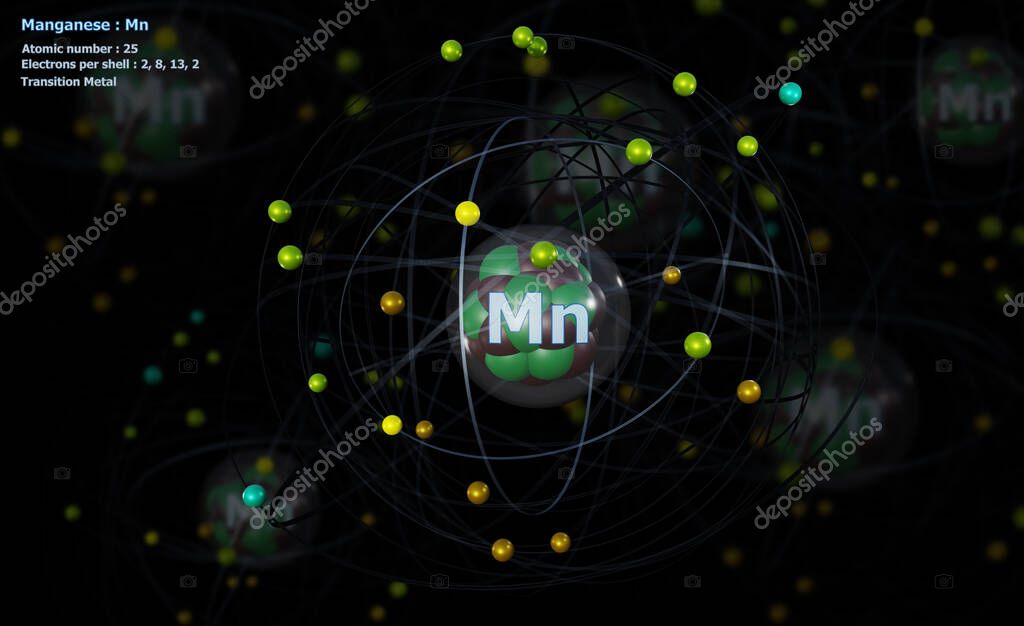 Átomo de manganeso con núcleo detallado y sus 25 electrones con átomos ...