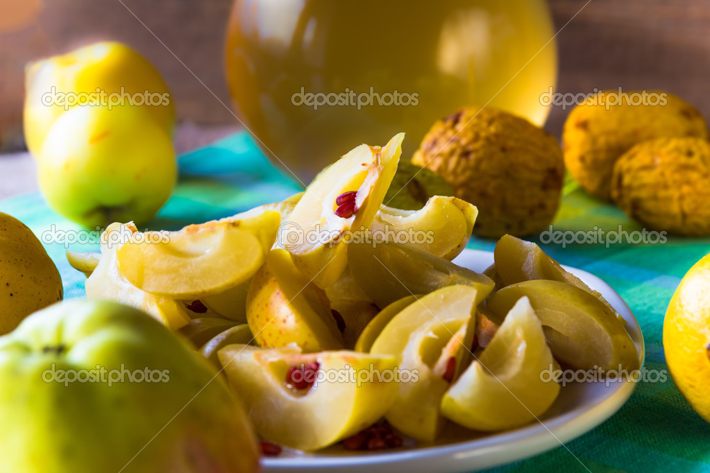 Alcohol quince liqueur sliced fruit prepare wooden setting Stock Photo ...