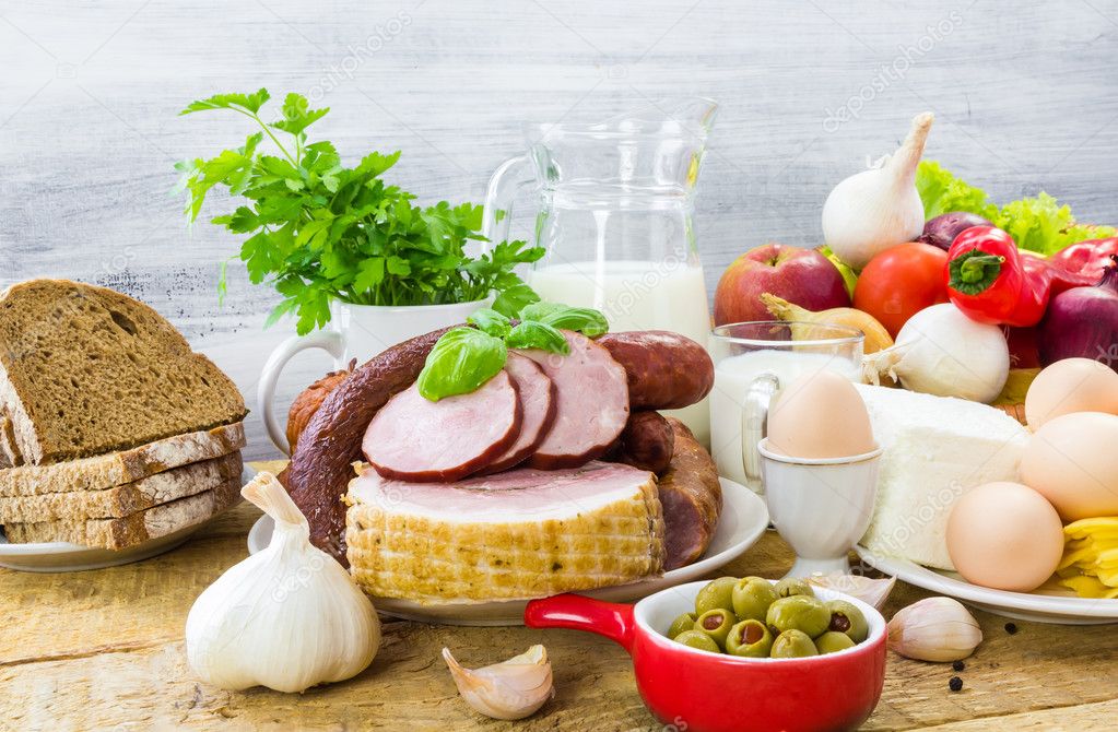 Composition variety grocery products meat dairy Stock Photo by ©Yotka ...