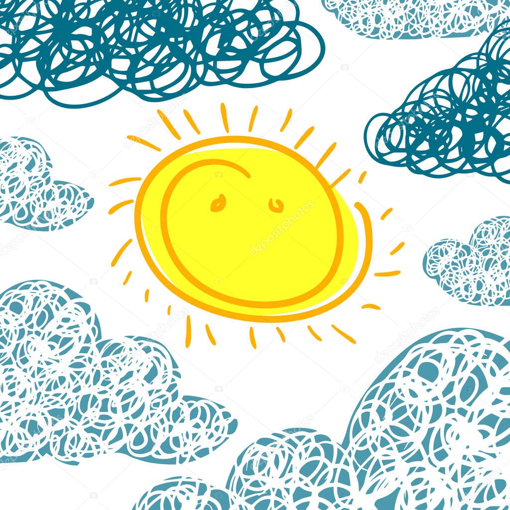 Sol y nubes infantil lindo dibujo. Ilustración vectorial 2022