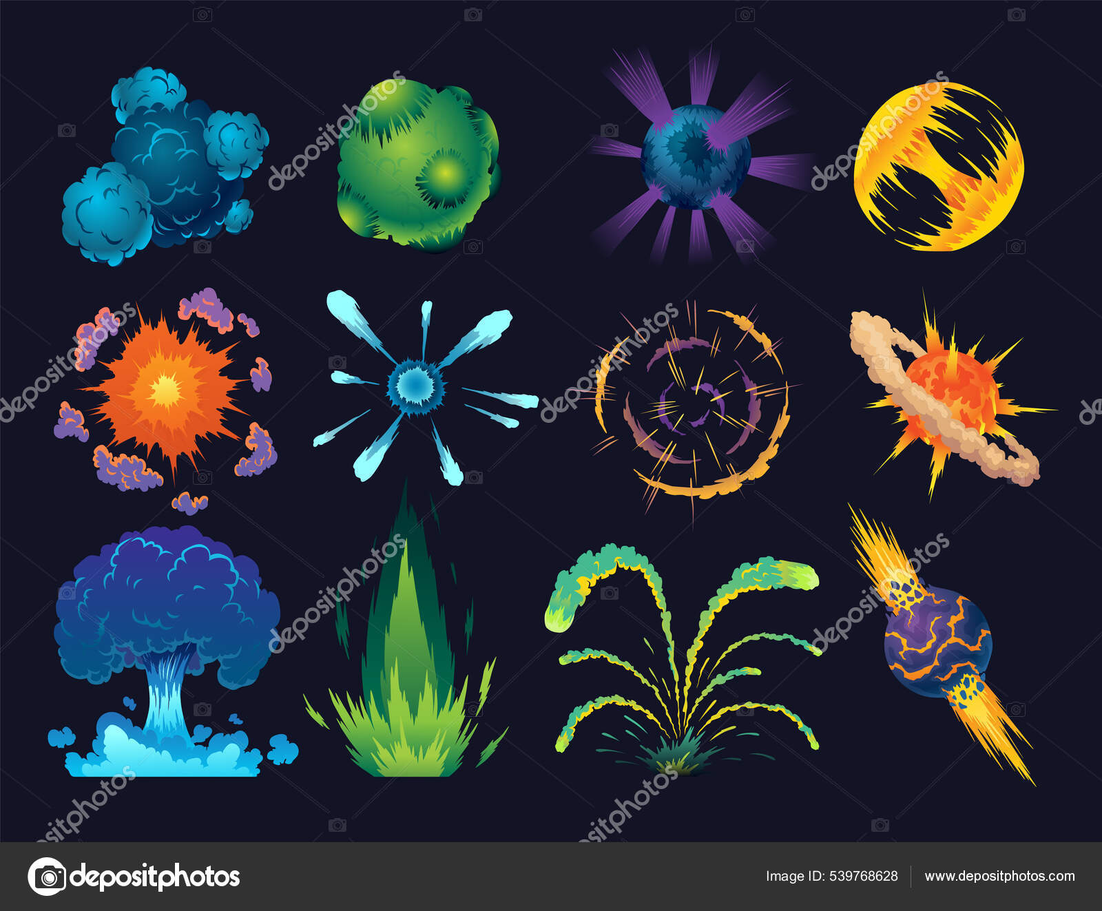 Cartoon explosion icon set. Comic book elements. Boom cloud and flame ...