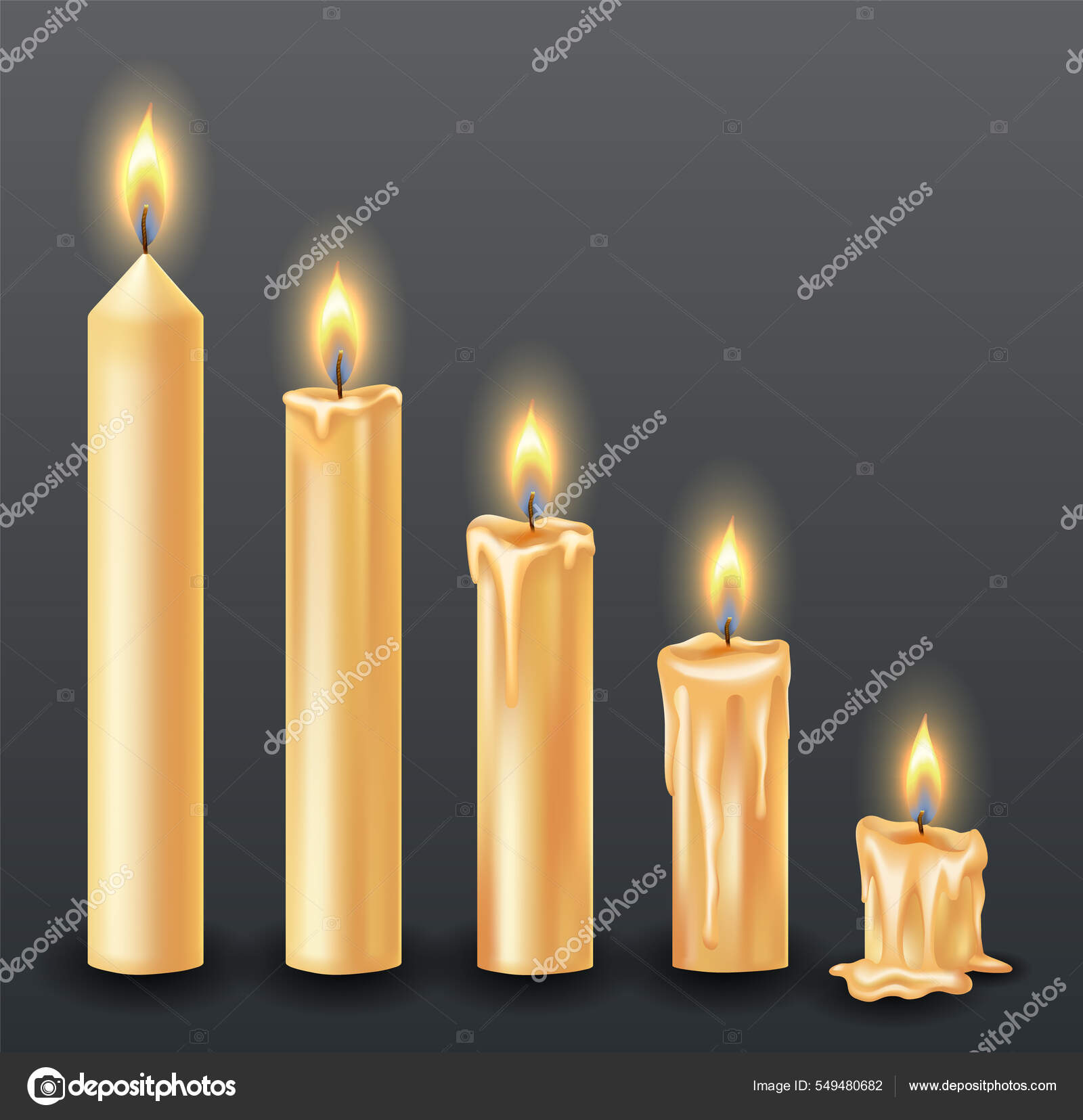 Velas ardientes con goteo o cera que fluye. Velas amarillas con llama ...