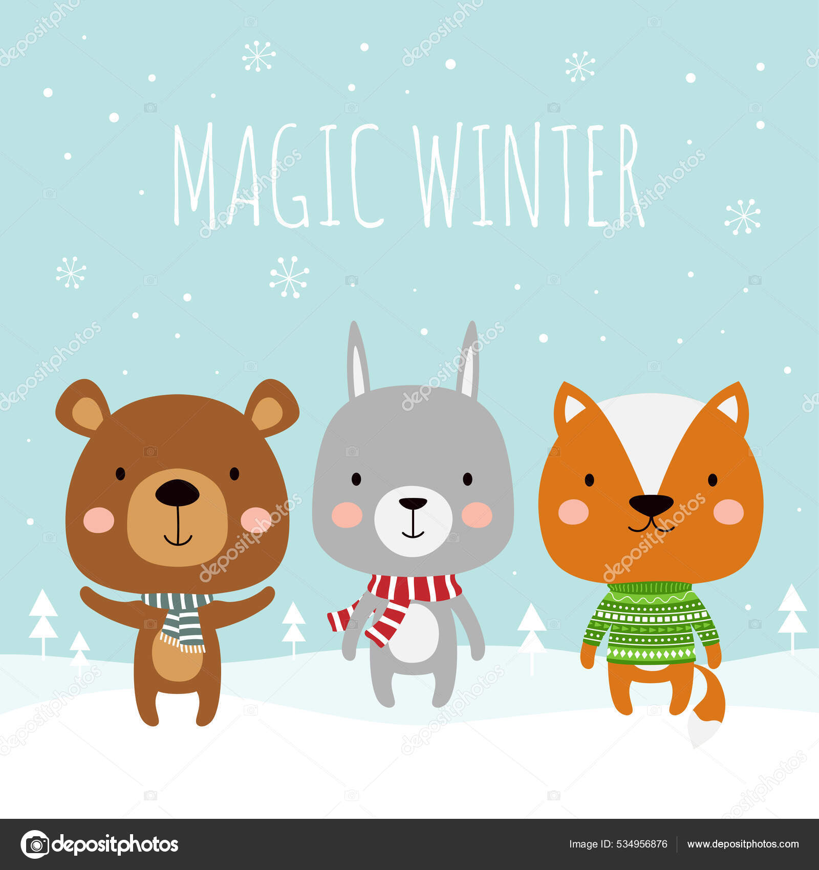Winter Greeting Card Cartoon Cute Animals Children Vector Illustration ...